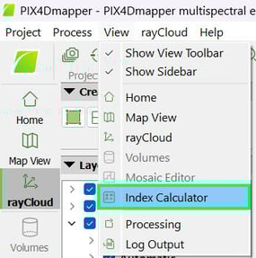 Menu View > Index Calculator > Sidebar > 3. Index Map - PIX4Dmapper